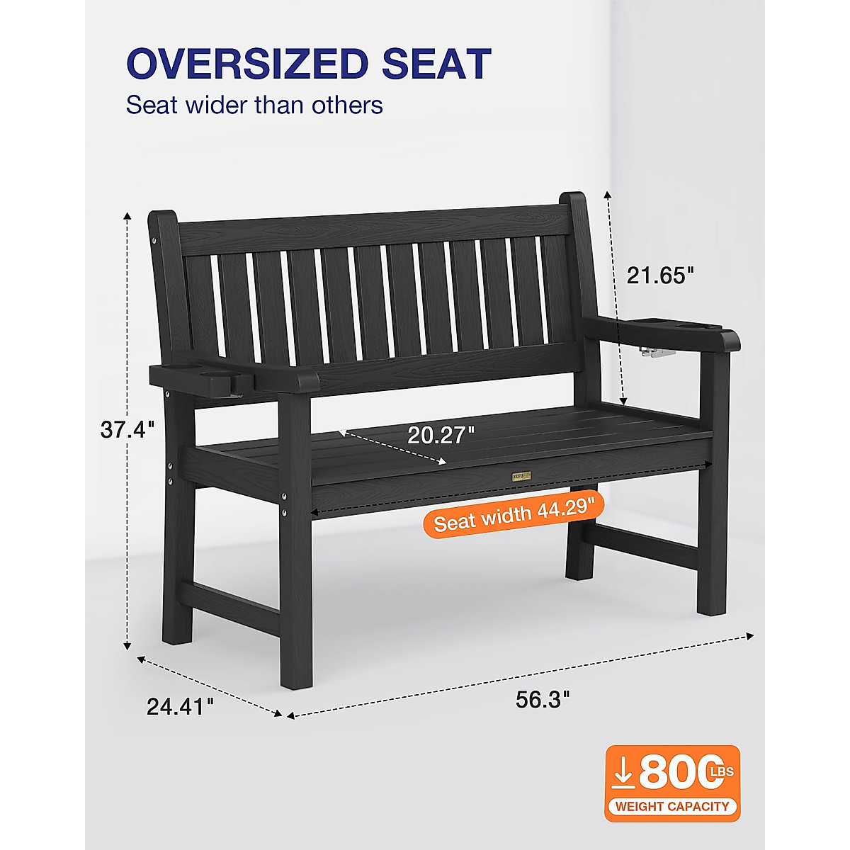 YEFU Outdoor Bench, 2-Person Garden Benches, All Weather HIPS Patio Seating Bench with 2 Cup Holders, Patio Park Bench for Patio, Front Porch, Outdoors, Backyard, and Park, Load up to 800 Lbs, Black