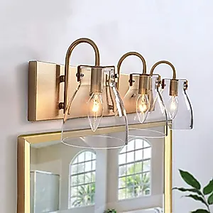 KSANA 3-Light Modern Vanity Light Fixture, Brass Bathroom Lighting with Clear Glass Shades, 22” L