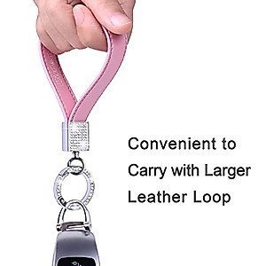 Wisdompro Bling Leather Car Keychain, Universal Genuine Leather Car Keys Keychain Key FOB Keychain, Key Chains Women for Car Keys with Anti-lost D-ring and 2 Keyrings - Pink