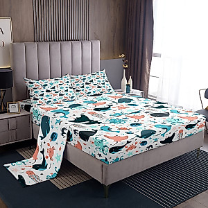Cute Whale Bed Sheets Full Size, Kids Kawaii Cartoon Octopus Sheet Set, Jellyfish Shell Starfish Crab Fitted Sheet For Little Boys Girls, Ocean Beach Sea Animals Bedding Set With Kawaii Flat Sheet