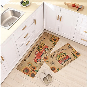 INFISIBLE Sunflower Kitchen Rugs Farmhouse Style Sets of 2 Yellow Sunflower Red Truck Kitchen Farmhouse Decor Summer Kitchen Floor Linen Rugs and Mats Non Slip Washable, 17x29 and 17x47 Inch
