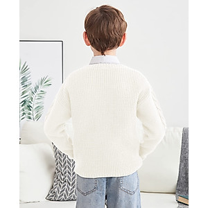 Kid Boys Girls Crewneck Pullover Sweater Long Sleeve Solid Color Chunky Jumper Knit Pullover Outwear,White,7-8 Years