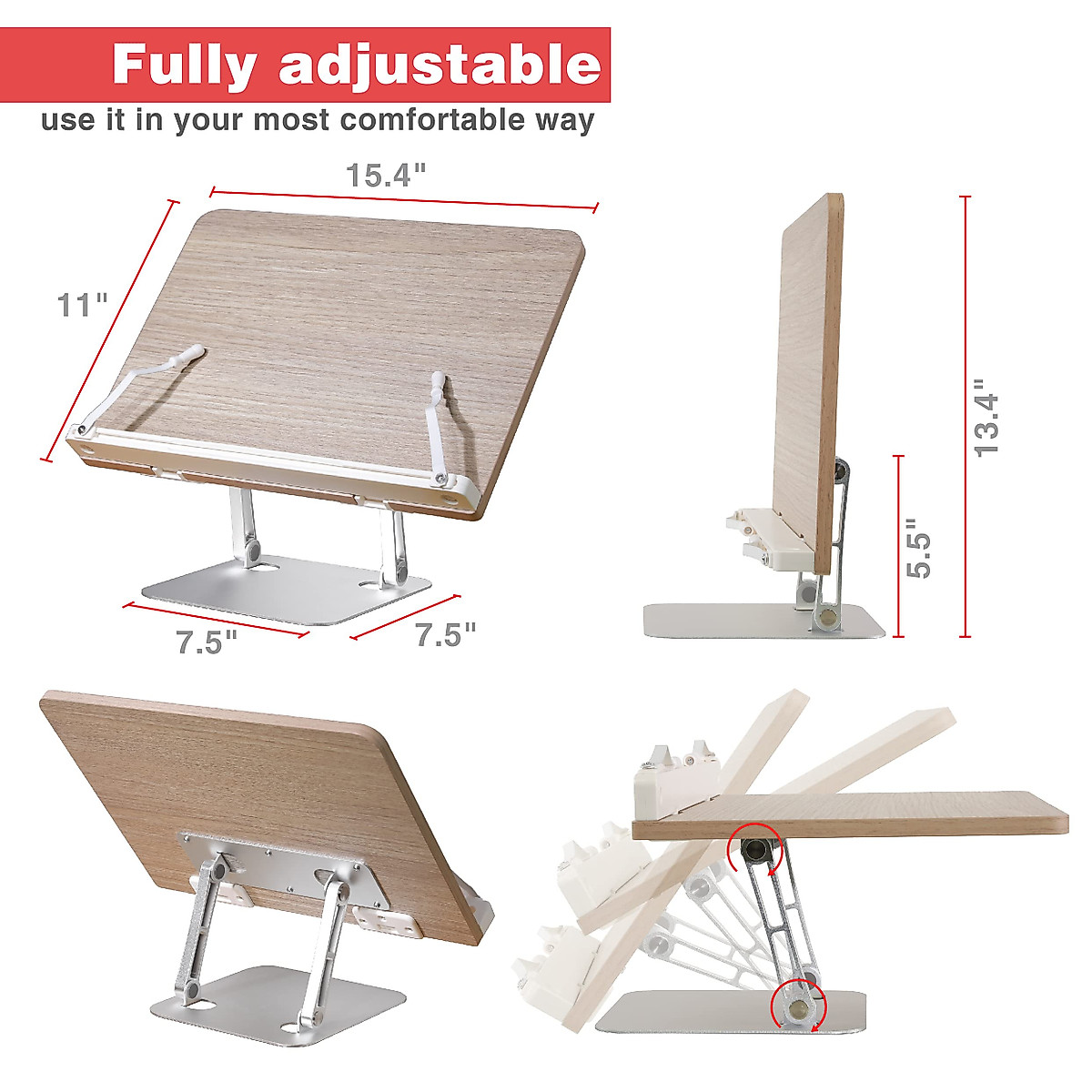 aSparkLiving Wooden Desktop Reading Writing Book Stand, Aluminum Base, Height and Angle Adjustable for Holding Cookbook, Recipe, Small Large Thick Heavy Books