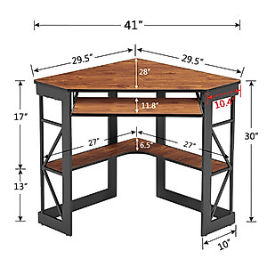 VECELO Corner Computer Desk 41 x 30 inches with Smooth Keyboard & Storage Shelves for Home Office Workstation, Teak