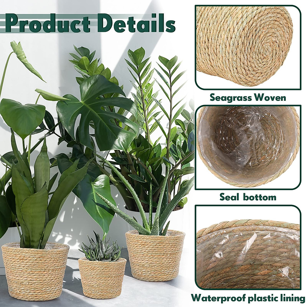 Mumufy 6 Pcs Seagrass Planter Basket Flower Pots Cover Plant Baskets Hand Woven Plant Basket Storage Containers with Plastic Liners for Indoor Outdoor Flower Pots Decoration 10, 7, 8.3 Inch(Classic)