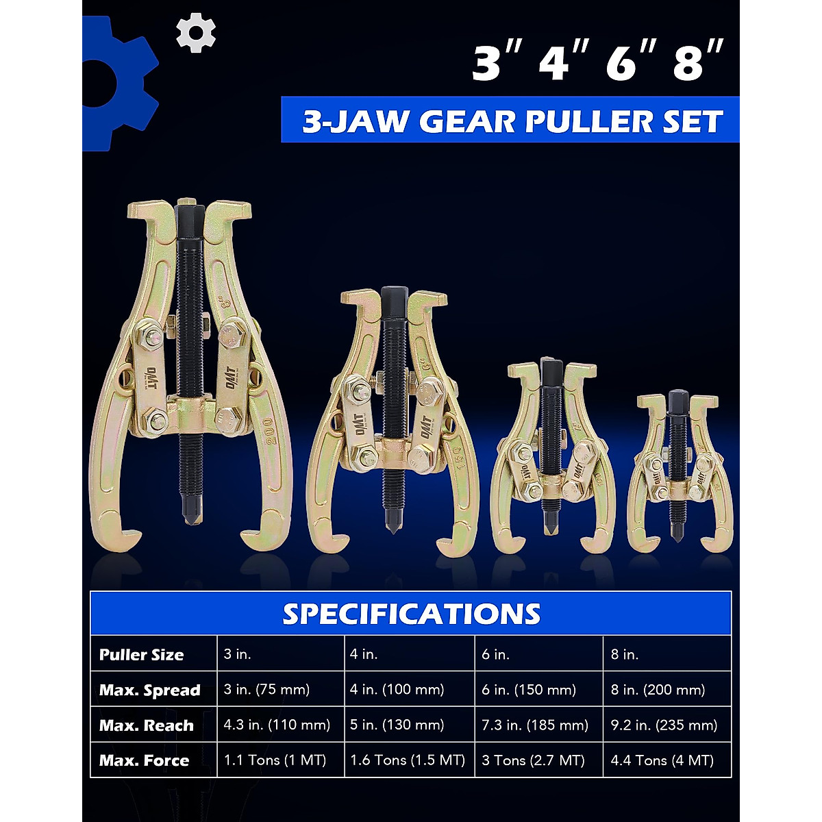 Orion Motor Tech Gear Puller Set, 3" 4" 6" 8" 3 Jaw Puller Kit for Pulley Gear Bearing Flywheel Removal, Heavy Duty Pulley Puller with Reversible Jaws 4 pcs Bearing Puller Tool Kit
