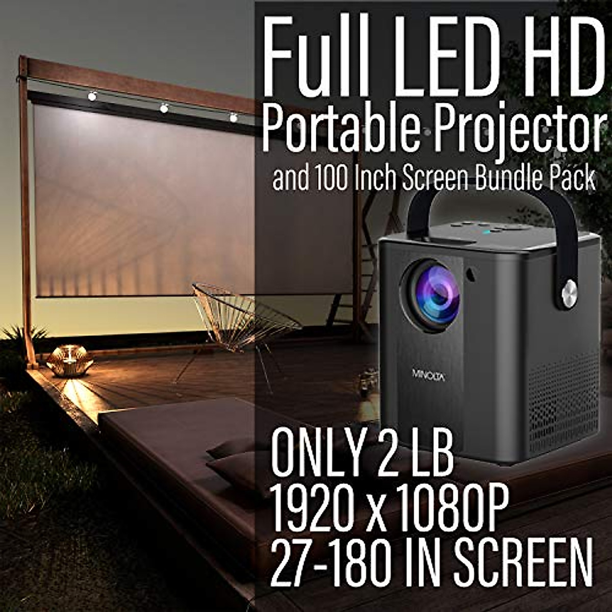 Minolta MN674 1920x1080P Full HD Portable Projector Bundle Pack with 100 Inch Screen, Remote Control, Mounting Accessories, HDMI, USB/Micro-SD, and AV Inputs, Headphone/Line Output