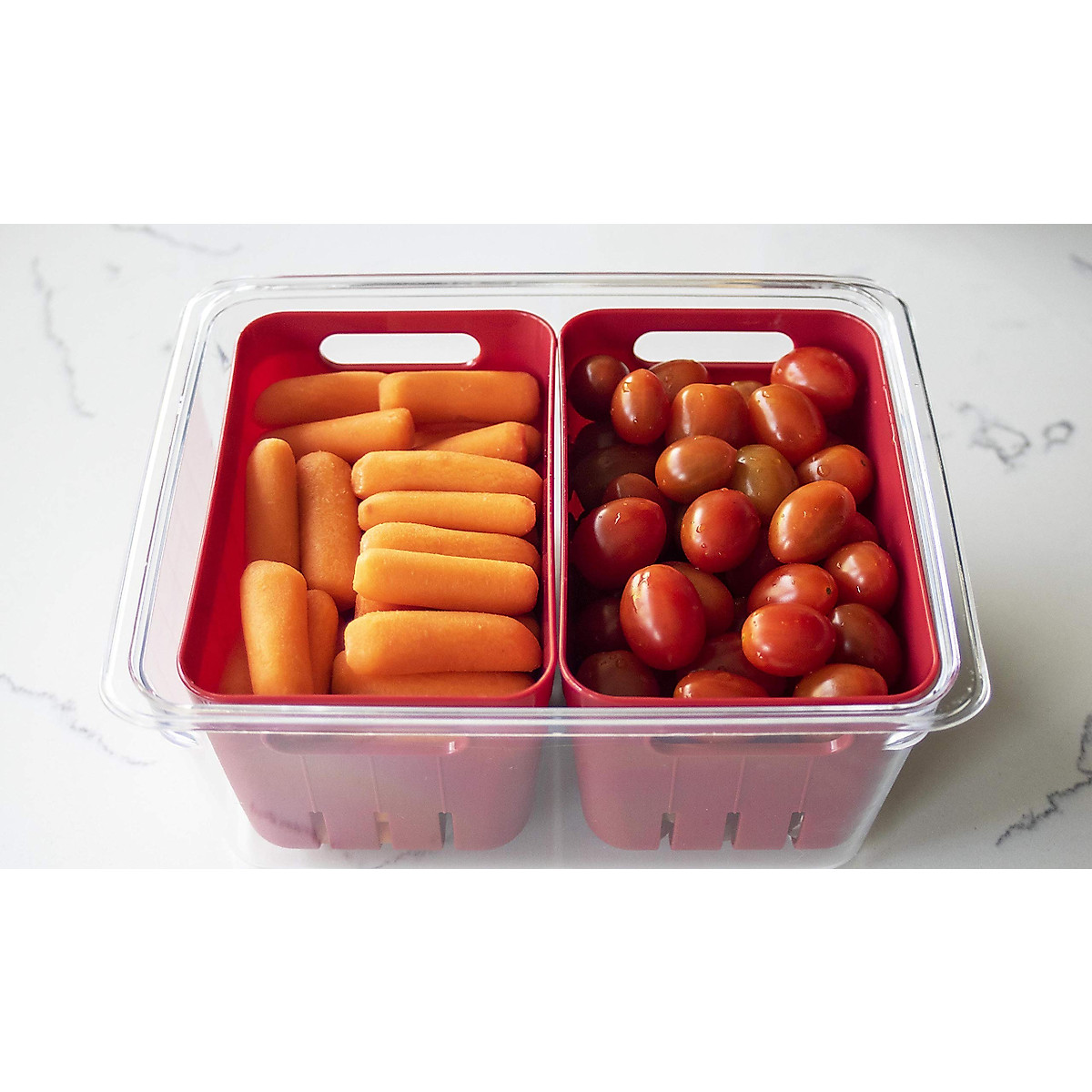 Kitchen Spaces KSDCB12-AMZ Twin Colander Stackable Food Storage Organizer for Fridge, Freezer, and Pantry, 8.8" x 6.8" x 3.9", Red & Clear