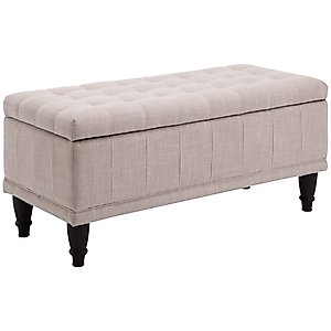 HOMCOM Storage Ottoman, Linen Fabric Button Tufted Storage Bench with Soft Close Lid for Living Room, Entryway or Bedroom, Beige