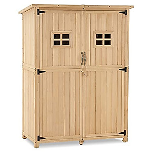 MCombo Large Outdoor Storage Shed with 2 Shelves, Oversize Garden Tool Shed with Latch, Outdoor Storage Cabinet with Floor for Patio and Yard (46.9" x 22.4" x 66") 1911 (Beige)