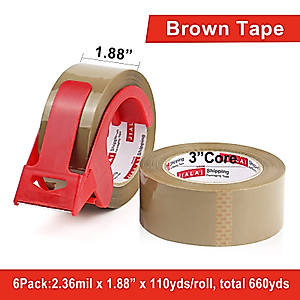 JIALAI HOME Heavy Duty Brown Packing Tape 6 Rolls with Dispenser, 2.4 mil, 1.88 inch x 110 Yards, Ultra Strong, Refill for Industrial Shipping Box Packaging Tape for Moving, Office, & Storage