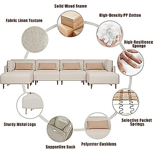 MGH 143''Convertible Sectional Sofa , Modern Linen Fabric U-Shape Modular Couch 4-Seat Sofa Sectional with Reversible Ottomans for Apartment Living Room Furniture Sets, Beige (HQ-023B)