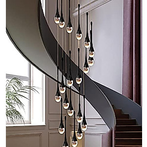 ykolupty 138'' High Black 20Lights Spiral Staircase Pendant Chandelier Lampara de Living Room Ceiling Crystal Chandeliers Foyer Entrance Crystal Chandelier Raindrops Bubble LED 2700-6000K Dimmable
