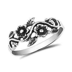 AeraVida Blooming Wild Floral Vine .925 Sterling Silver Band Ring | Statement Fashion, Promise ring, Couple Unisex Ring | Jewelry Gift for All Occasions | Size 9
