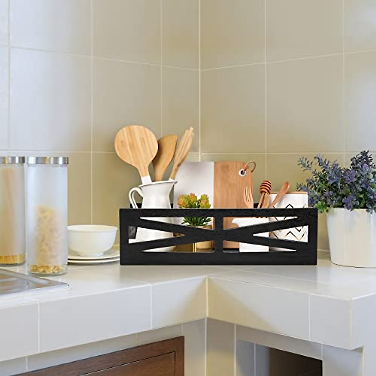 Wooden Bathroom Decor Box, Rustic Toilet Tank Box, Farmhouse Toilet Paper Organizer Holder Storage Box Perfect for Living Room, Table Counter and Kitchen (Black)