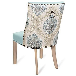 Barton 2-Pcs Parson Curved High-Back Dining Chair Armless Nailhead Trim Cushion Seat Back Ring Pull, Blue/Gold