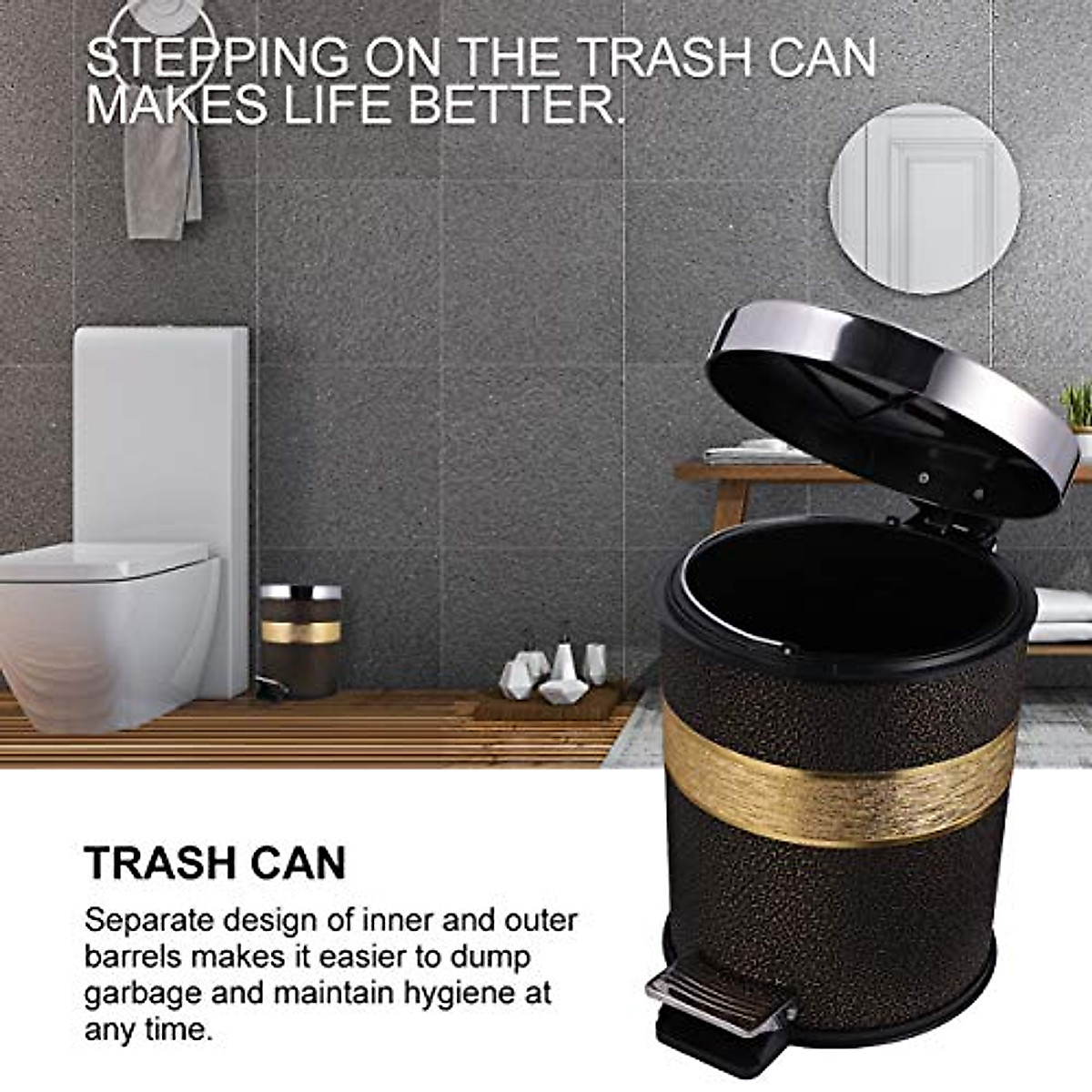 Garneck Foot Pedal Trash Can Garbage Can Kitchen Waste Bin with Lid Stainless Steel Leather for Bathroom Kitchen Living Room (Black)