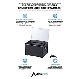 Adir Acrylic Donation Ballot Box with Lock - Secure and Safe Suggestion Box Great for Business Cards (6.25" x 4.5" x 4") Black