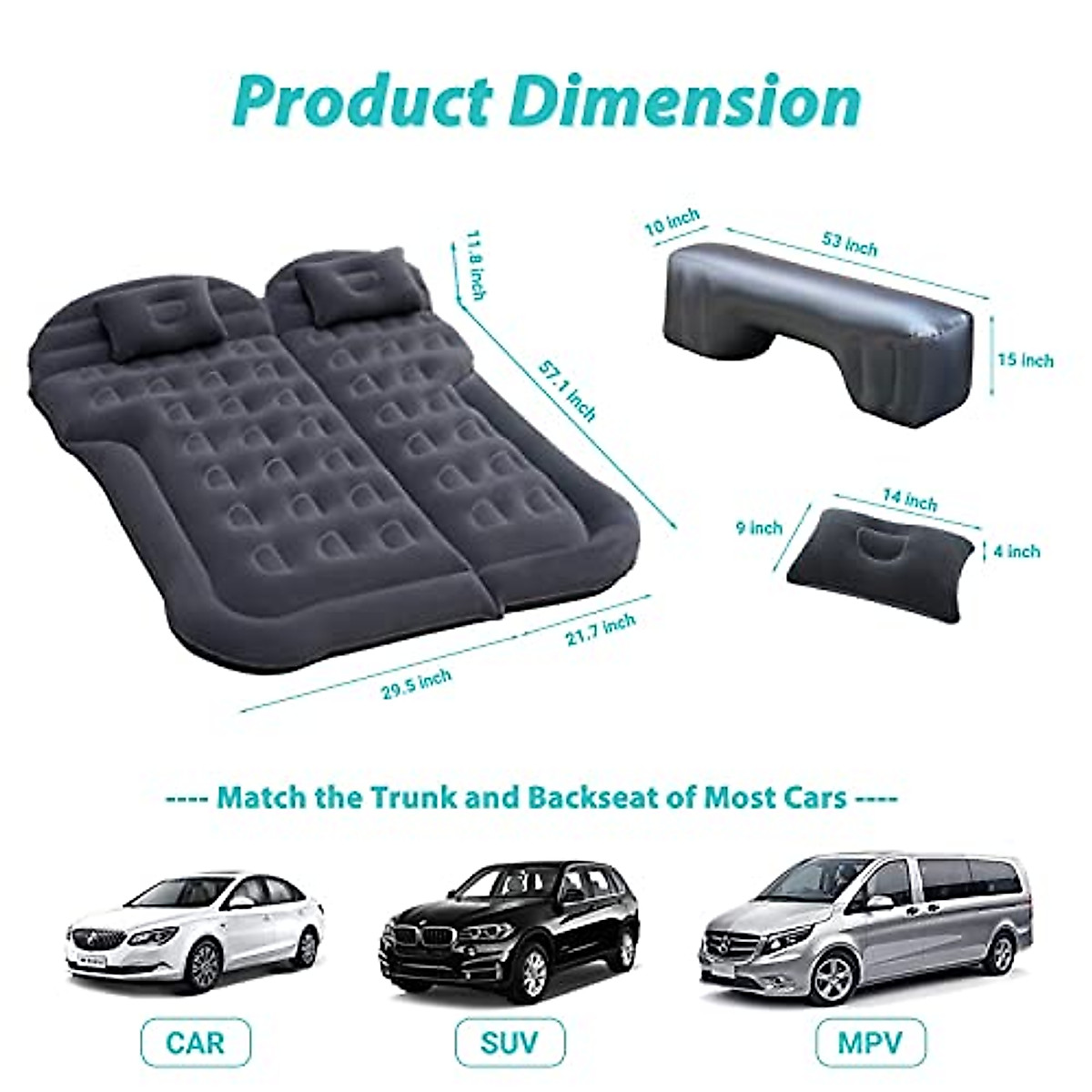 Car Inflatable Mattress with Pump, Portable SUV Air Bed for Camping, Home, Travel, Hiking, Full Size Blow Up Sleeping Pad with 2 Pillows, Extended Back Seat Airbed for Truck, RV, Upgraded (Black)