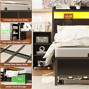 Unikito Queen Bed Frame with Bookcase Storage Headboard and LED Light, Queen Size Bed with Slide Bedside Cabinet and Charging Station, Heavy Duty Metal Slat, No Box Spring Needed, Noise Free, Black