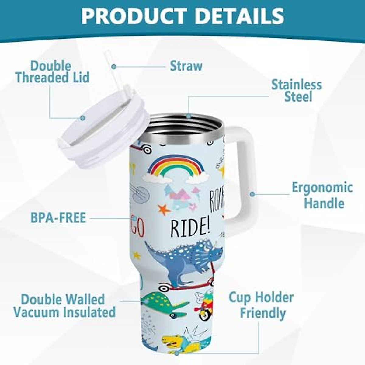 RPLIFE Playful Dinosaurs 40 Oz Tumbler with Handle and Straw, Stainless Steel Water Bottle with Straw, Coffee Tumbler for Women