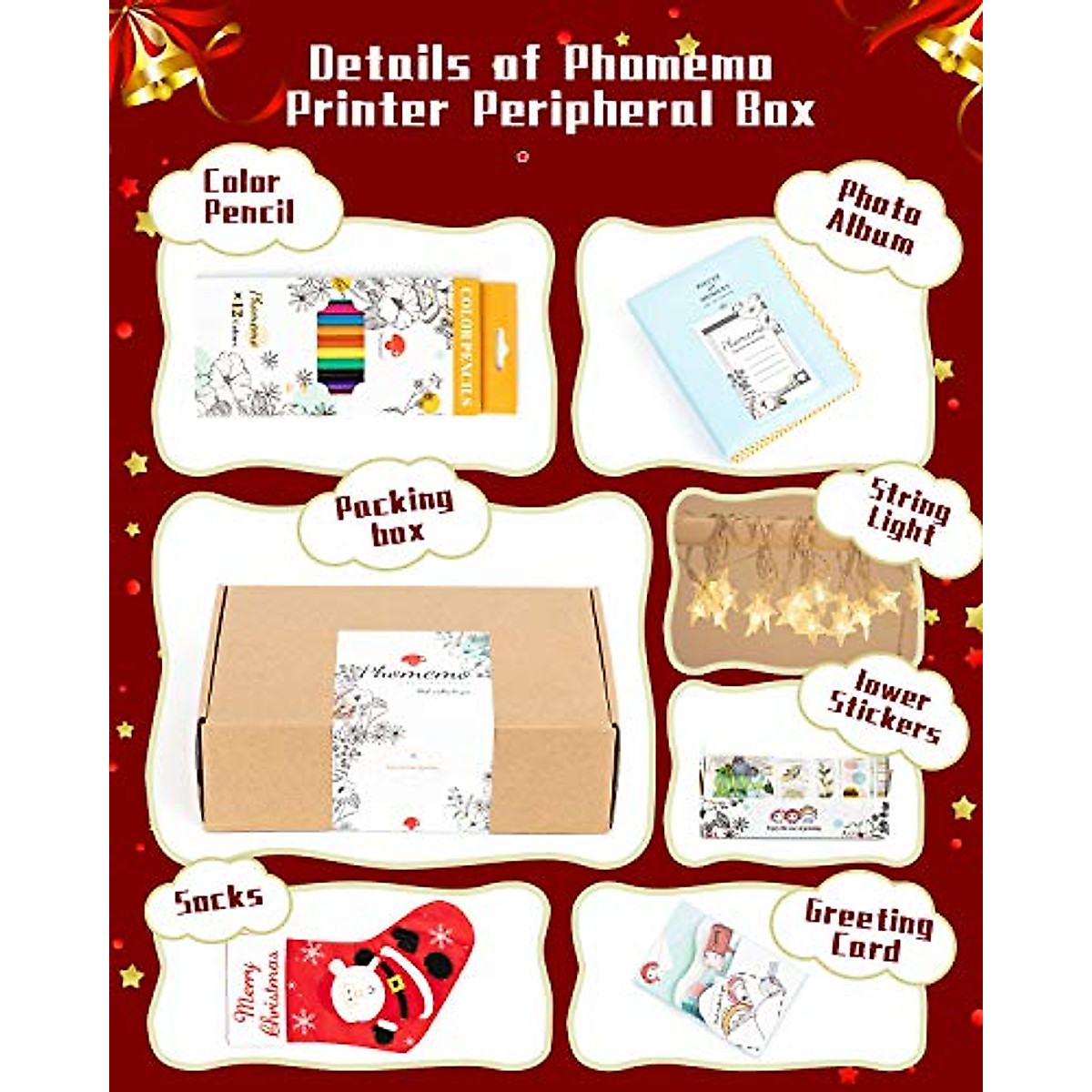 Phomemo Printer Peripheral Box, Gift Set 6 Products in Giftable Box-String Lights, Photo Albums, Stickers, Christmas Stockings, Greeting Cards, Color Pencils,Suitable for Diary, Travel, Family
