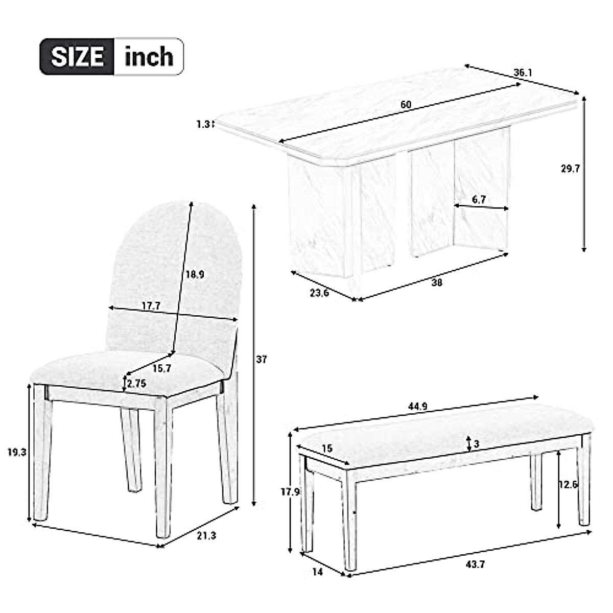 LUMISOL Faux Marble Kitchen Table Set with Chairs and Bench 6 Piece Dining Room Table Set Modern Style Dining Set Furniture for 6 Persons