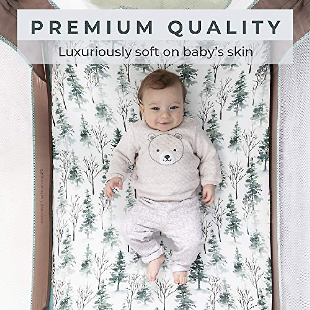 Pobi Baby - 2 Pack Premium Pack N Play Sheets Fitted for Standard Pack and Plays and Mini Cribs - Ultra-Soft Cotton Blend, Stylish Animal Woodland Pattern, Safe and Snug for Baby