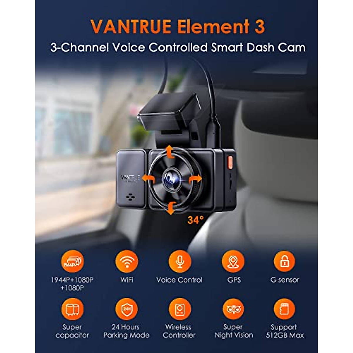 Bundle: Vantrue E3 3 Channel WiFi Dash Cam with GPS Speed+Type C Hardwire kit