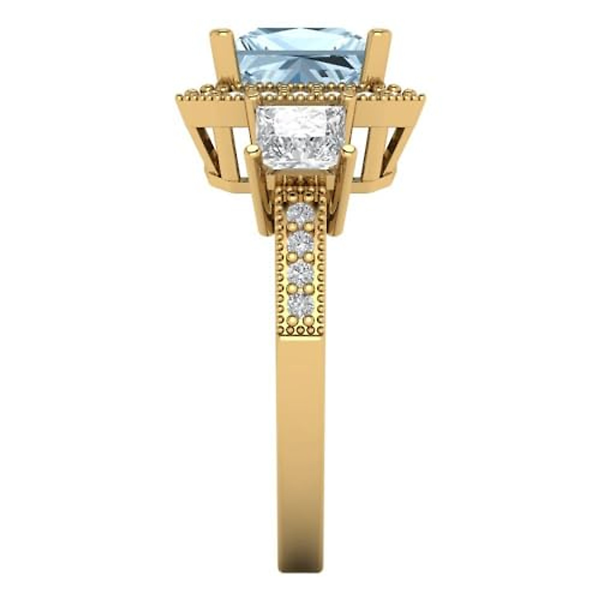Clara Pucci 2.93 ct Cushion Cut Halo Solitaire 3 stone Natural Aquamarine Engagement Promise Anniversary Bridal Ring 18K Yellow Gold 7.25