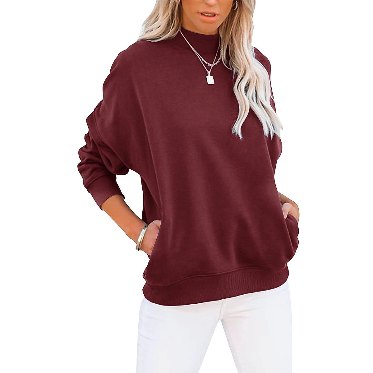 Orchidays Women's Mock turtleneck Long Sleeves Sweatshirts Casual Basic Lightweight Top Loose Fit Rib Pocketed Pullover (Wine Red, XX-Large)