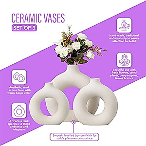 Ceramic Hollow Donut Vase Set of 3 for Pampas Grass | Neutral Modern Home Decor, Small Boho Minimalist Round White | Japandi Clay Beige Decorative for Bedroom, Living, Wedding, Office, Coffee Table