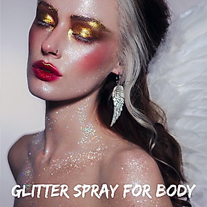 LATIBELL Body Glitter Spray, Glitter Spray for Hair and Body Face Clothes Nails, Body Shimmer Spray Make up for Festival Rave Accessories- with 0.35 oz Replacement & 0.176 oz Priming Cream (Silver)