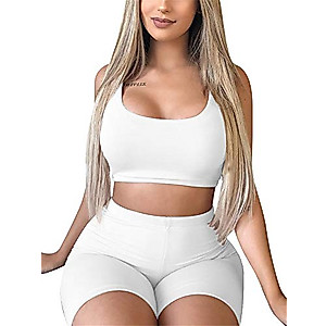 GOBLES Women's Sexy Bodycon Tank Crop Top Shorts Sets Club 2 Piece Outfits White