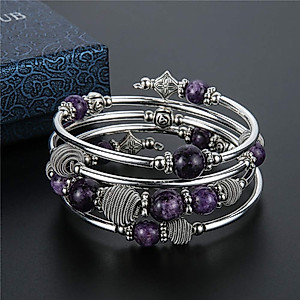 PEARL&CLUB Beaded Chakra Bangle Turquoise Bracelet - Fashion Jewelry Wrap Bracelet with Thick Silver Metal and Mala Beads, Birthday Gifts For Women(Purple)
