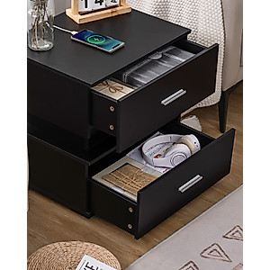WEENFON Night Stands, LED nightstand with Charging Station, Bedside Table with 2 Wider and Deeper Drawers, Nightstand, Modern Design, End Side Table, Black
