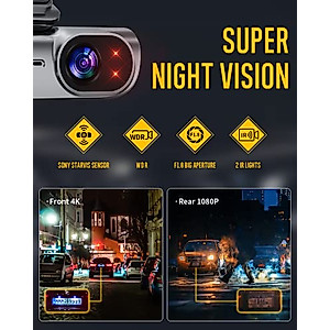 Dash Cam Front and Rear 4K Built-in 5GHz WiFi, Dual Dash Cam Front 4K/2K Rear 1080P Hidden Dash Camera for Cars, Super Night Vision, App Control, Supercapacitor, Parking Mode, G-Sensor, USB C Port