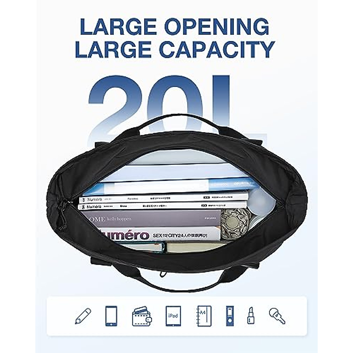 BAGSMART Women Foldable Tote Bag with Drawstring Storage Bag, Large Tote Bag Shoulder Bag Top Handle Handbag for Travel, Work, Beach, Gym, Shop, (Black)