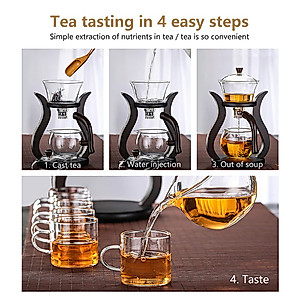 CUNHUY Lazy Kungfu Drip TeaPot, Heat Resistant Tea Set, Semi-Automatic Glass Teapot Suit for Magnetic Water Flow Wooden Glass Teapot Set (Wooden handle+glass body)
