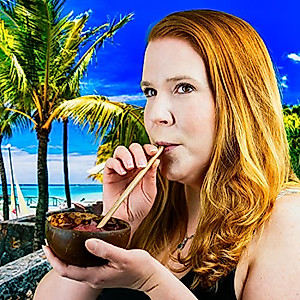 Coconut Bowl with Natural Wooden Spoons (Set of 4), Includes Disposable Drinking Straws - Vegan Organic. Plus BONUS Recipe