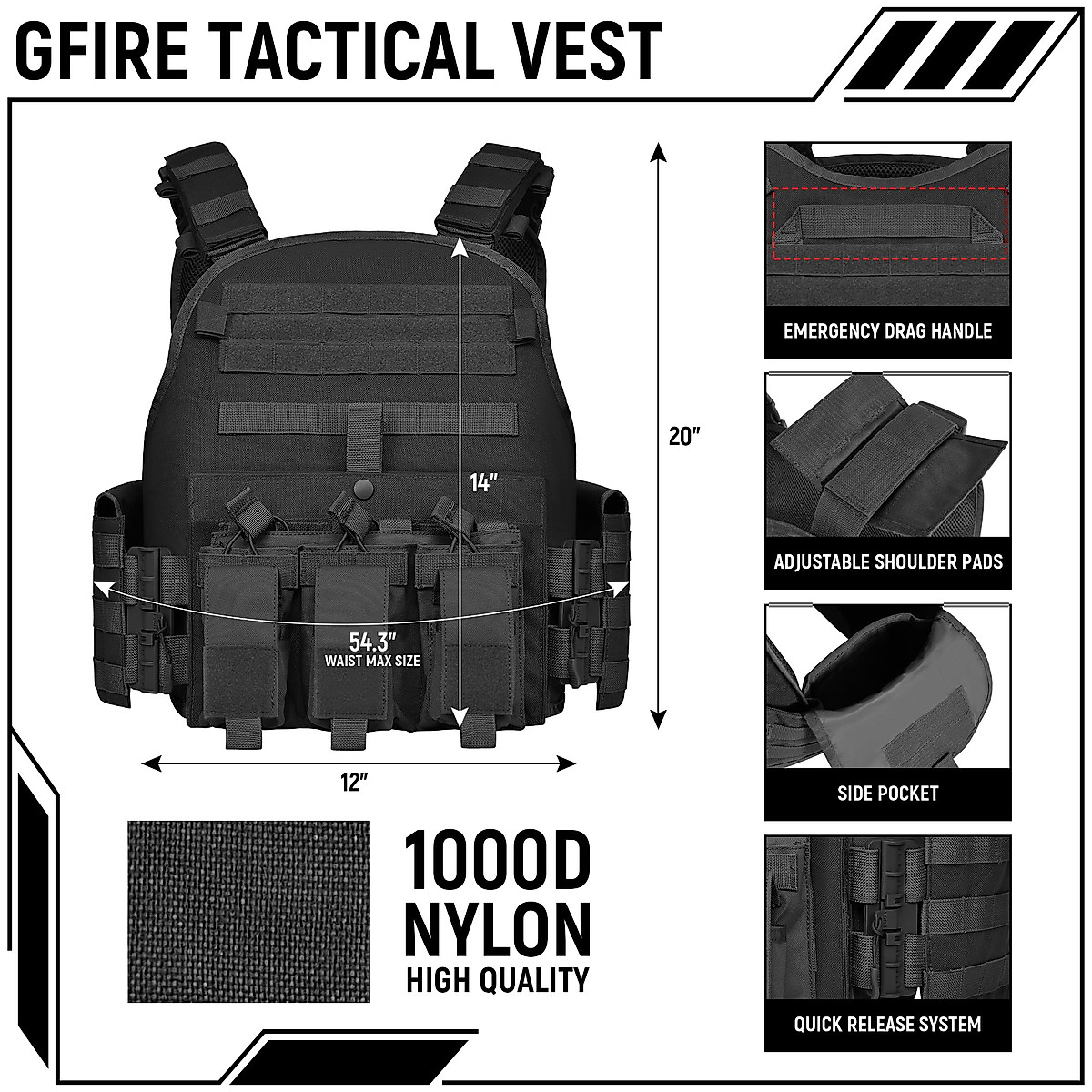 GFIRE Tactical Vest - Airsoft Lightweight Modular 3D Breathable Quick Release Vest, Adjustable Tactical Gear for Training