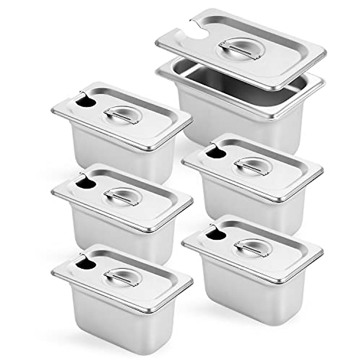 CURTA 6 Pack Anti-Jam Slotted Hotel Pans with Lids, 1/9 Size 4 Inch Deep, NSF Commercial 18/8 Stainless Steel Chafing Steam Table Food Pan with Covers