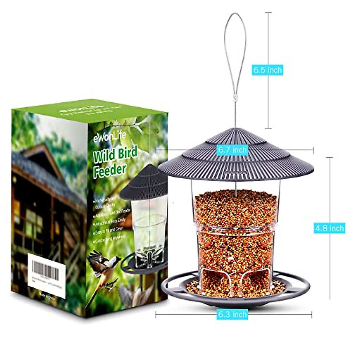 eWonLife Bird Feeders, Bird Feeder for Outside Outdoors Hanging, Squirrel Proof, Easy Clean and Fill, Adjustable Feeder with Sturdy Wire and Roof, Plastic, for Garden, Backyard, Terrace(25 OZ/Pack)