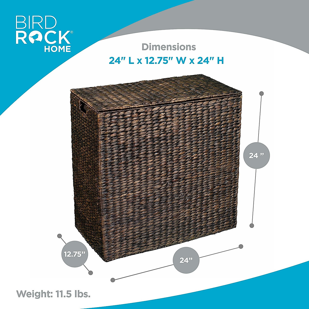 BIRDROCK HOME Handwoven Double Laundry Hamper | Removable Liner Bags | Laundry Basket with Lid - College Dorm Room Essentials, Bathroom, Bedroom, Home Clothes Storage, Organization | Espresso