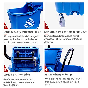 Side Press Wringer Combo Commercial Mop Bucket on Wheels, 33 Quart (Blue)