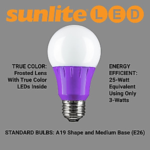 Sunlite 40946 LED A19 Colored Light Bulb, 3 Watts (25w Equivalent), E26 Medium Base, Non-Dimmable, UL Listed, Party Decoration, Holiday Lighting, 6 Count, Purple