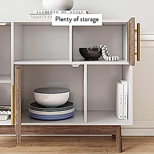 Nathan James Ellipse Multipurpose Storage Cabinet with Display Shelves and Doors, Entryway Modern Buffet or Kitchen Sideboard with Glam Gold Brass Accent, TV Stand, White
