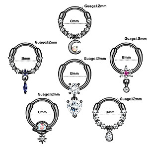 JOERICA 6 Pcs 16G Dangle Septum Rings for Women Blue Planet Moon Star Flower CZ Opal Dangle Septum Nose Rings Cartilage Helix Daith Earrings Dangling Septum Piercing Jewelry