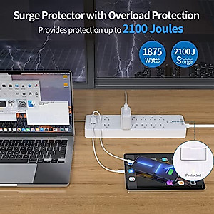 Extension Cord 25 ft, NTONPOWER 12 Outlet Surge Protector Power Strip with 3 USB Ports, 2100 Joules, 1875W/15A, Overload Protection, Flat Plug, Wall Mount for Home Office, Workbench, Garage, White