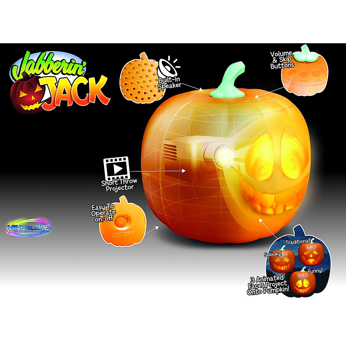 Mindscope Jabberin Jack Talking Animated Pumpkin with Built in Projector & Speaker Plug'n Play